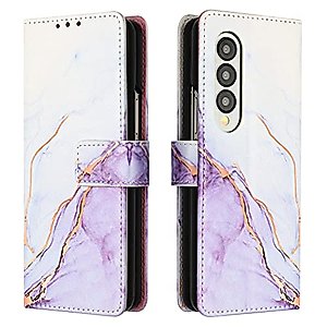 Compatible with Samsung Galaxy Fold 4 Case Wallet Marble Leather Flip Cases Cover with Credit Card Holder for Women White Purple with Wrist Strap for Samsung Galaxy Z Fold4