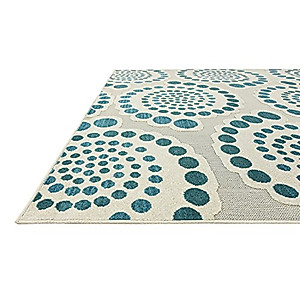 Unique Loom Modern Collection Geometric, Contemporary, Circles, Swirls, High-Low Pile, Indoor and Outdoor Area Rug, 7 ft x 10 ft, Ivory/Teal
