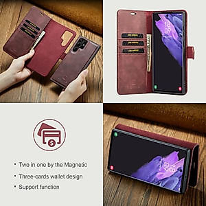 MEOORHE 2 in 1 Magnetic Split Flip Wallet Leather Stand Phone Case for Samsung Galaxy Note 20 10 9 8 Ultra Pro Plus Lite Shell, Practical Card Holder Shockproof Business Back Cover(Red,Note 10 Pro)