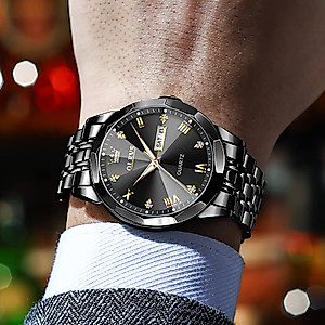 OLEVS Watch for Men Diamond Business Dress Analog Quartz Stainless Steel Waterproof Luminous Date Two Tone Luxury Casual Wrist Watch Black