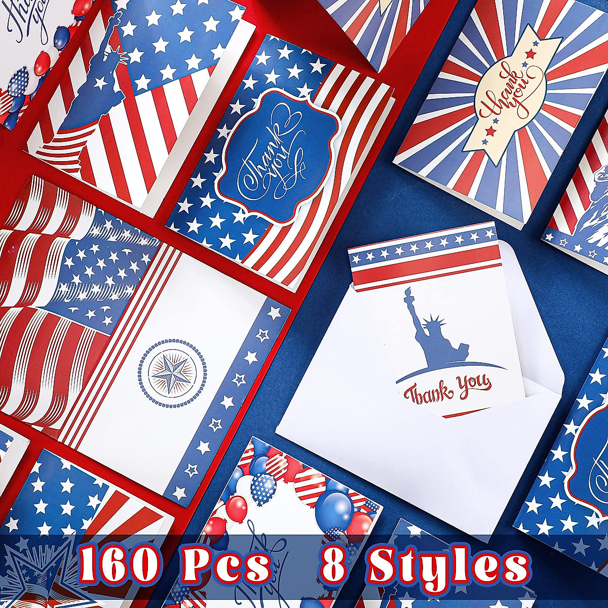 Ctosree 160 Sets Patriotic Thank You Cards with Envelopes Include 160 Pcs Bulk American Flag Notecards with 160 Pcs White Envelopes American Flag Greeting Cards for Veterans Memorial Independence Day