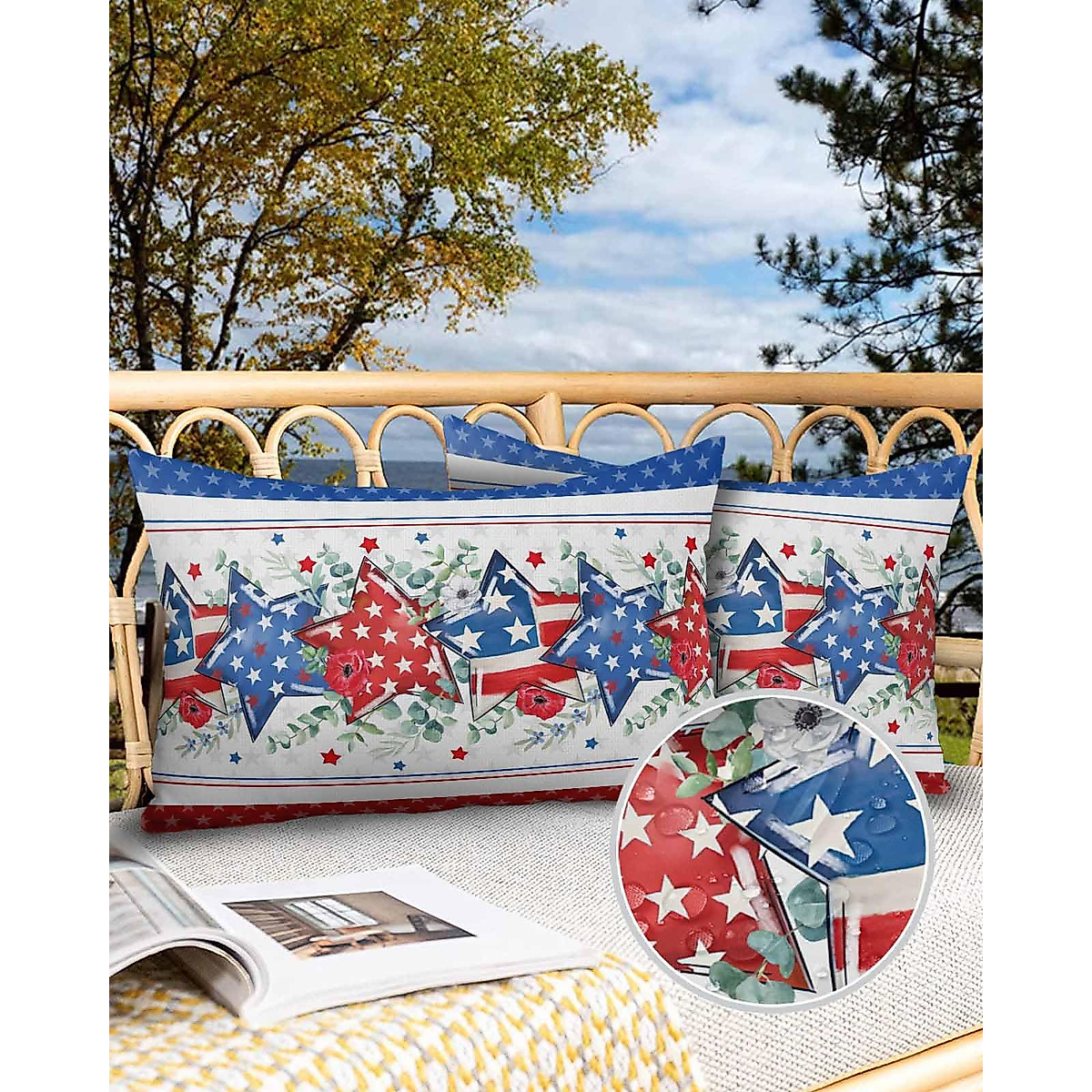 JasmineM Independence Day Star Outdoor Pillow Covers 20x12inch Set of 2, Polyester Waterproof Throw Pillow Covers Garden Cushion Decorative Case for Patio Couch Decoration, Eucalyptus Leaves Blue Red