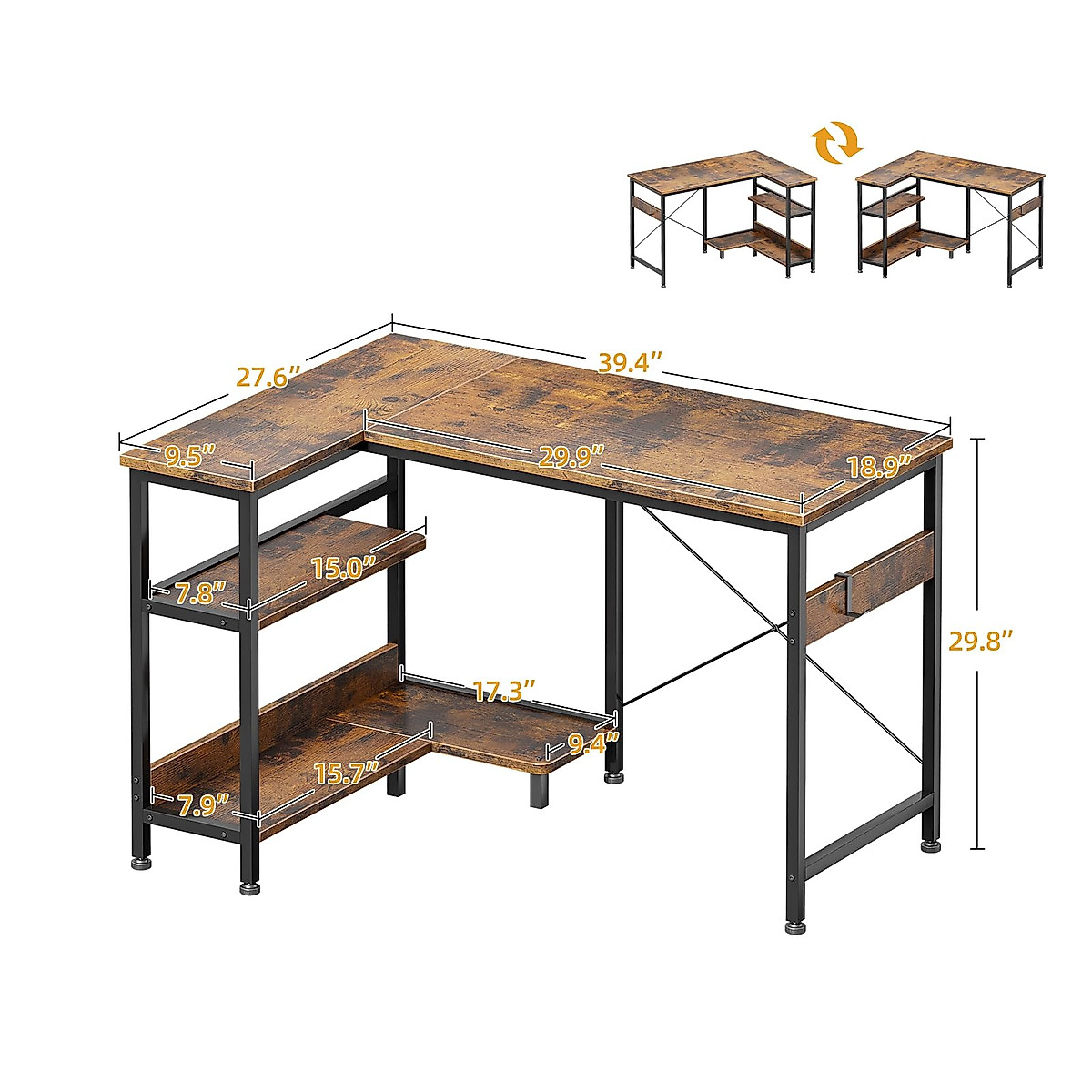 ODK 40 Inch Small L Shaped Computer Desk with Reversible Storage Shelves, Corner Desk with Monitor Stand for Small Space, Modern Simple Writing Study Table for Home Office, Rustic Brown