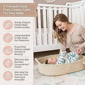 Kiddo Vibes Baby Changing Basket Set w/Comfy Fluted Pad, 3 Waterproof Bamboo Jacquard Covers & Large Matching Diaper Caddy, Reinforced Cotton Rope Moses Basket w/Built-in Safety Belt CPSC Compliant