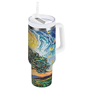 RPLIFE Starry Night Beautiful Tree Blue Coffee Tumbler with Handle, Stainless Steel Coffee Tumbler, Drinking Cups with Lids and Straws