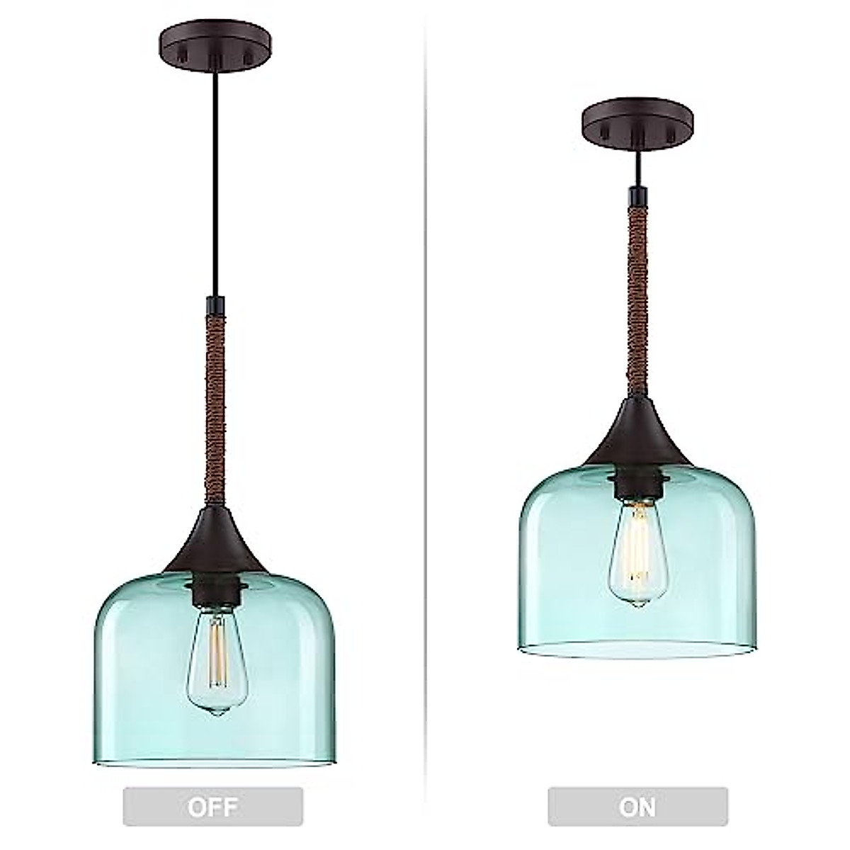 Dolaimi House 2 Pack 1 Light Indoor Hanging Kitchen Island 7.3" Green Glass Paper Rope Pendant Light Fixtures Oil Rubbed Bronze Finish Modern Farmhouse Dinning Room Living Room Over Sink