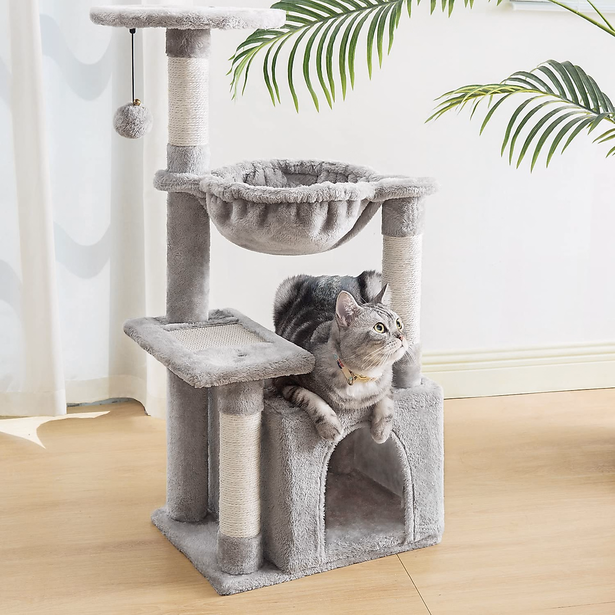 Kilodor Cat Tree, Small Cat Condo Tower with Hammock, Sisal Scratching Post for Kitten Grey