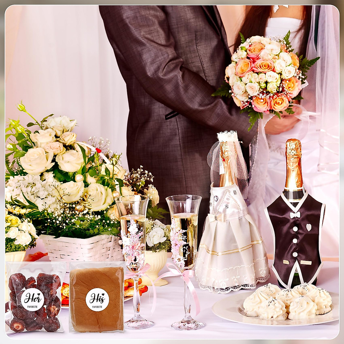 AIOMOB 100 Set His Her Favorite Stickers Candy Bags Wedding Favor Stickers 4x6 Inches Self Sealing Cellophane Bags for Wedding Favor Labels Guest Welcome Bag Stuffers Bulk