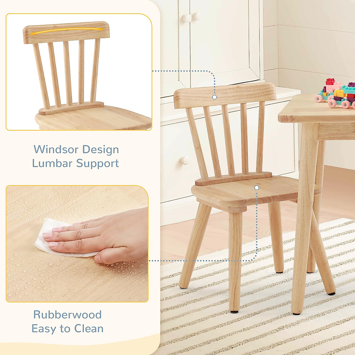 Curipeer Windsor Kids Table and 2 Chair Set, Rubberwood Toddler Table and Chair Set for Art, Play, Craft, Activity, Children Table with Non-Slip Legs/Round Edge Design, Natural Wood