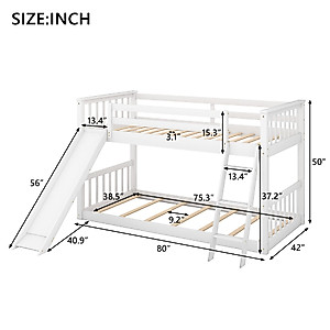 Harper & Bright Designs Low Bunk Beds with Slide, Solid Wood Twin Over Twin Bunk Beds Frame with Ladder, Safety Guardrail, Twin Size Floor Bunk Bed for Kids, Teens, White