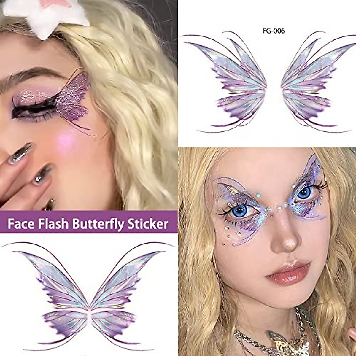 14 Sheets Glitter Butterfly Temporary Tattoos Sticker for Women Girls Eye Face Makeup Decoration, Flash Fairy Wings Body Art Shiny Butterflies Waterproof Fake Tattoos for Festival Party Eye Decor