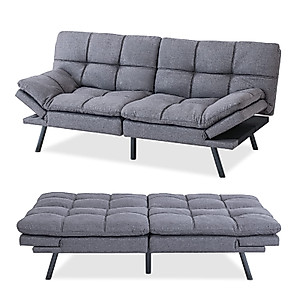 Hcore Convertible Splitback Futon Sofa Bed for Living Room, Office, Apartment - Memory Foam Sleeper Loveseat, Modern Small Couch in Grey