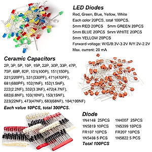 YUEONEWIN 1400Pcs Basic Electronics Component Assortment Kit, Electrolytic Capacitor, Ceramic Capacitor, LED Diode, Common Diode, Resistor, Transistor Component for Arduino, Electronic DIY Project