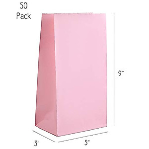 Party Favor Bag - 50 Pack Baby Pink Paper Food Grade Kraft Lunch Gift Bags for Princess 1st Birthday, Easter or Baby Shower - 5"x3"x9"
