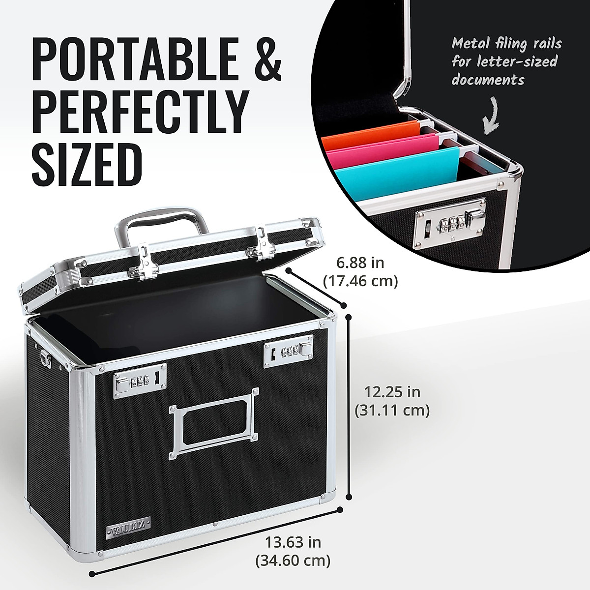 Vaultz File Organizer Box - 14 x 7 x 12.19 Inch Letter Size, Portable Locking Storage Totes with Dual Combination Locks for Filing Office Documents - Black