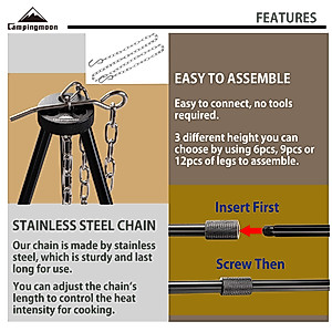 CAMPINGMOON Camping Campfire Tripod with Carrying Bag Portable Lightweight Aluminum 41.3-inch Height Stainless Steel Chain