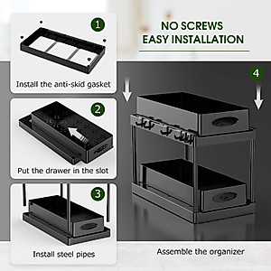 2PACK Double Sliding Cabinet Organizer, Under Sink Organizers and Storage, 2 Tier Kitchen Organization with 6 Hooks, Bathroom Countertop Organizer, Pull Out Cabinet Organizer Baskets