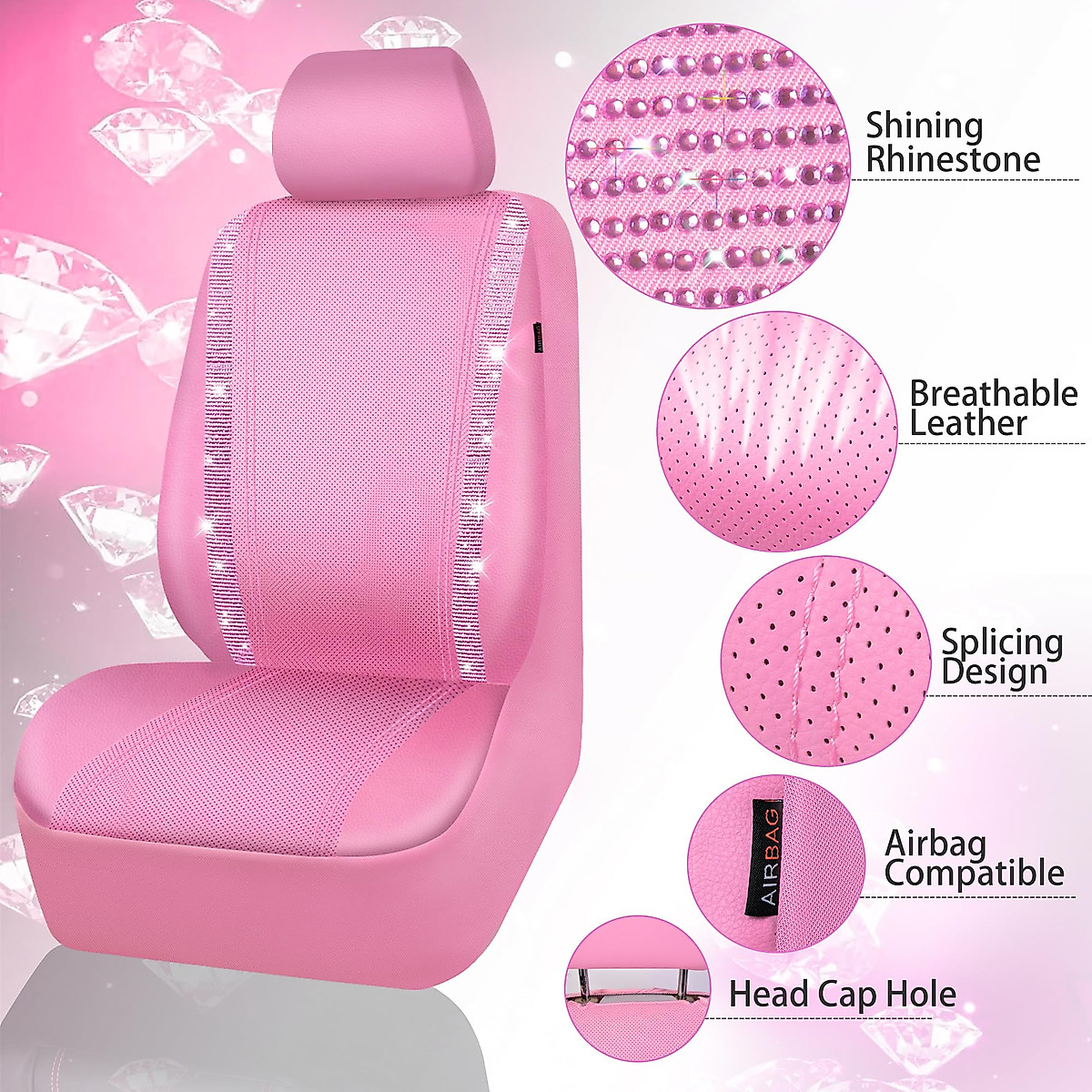 CAR PASS Bling Car Seat Covers, Shining Rhinestone Waterproof Faux Leather Pink Car Accessories Two Front Only Universal Fit Auto Glitter Crystal Sparkle Strips for Cute Women Girl, Pink Diamond