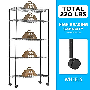 FDW 30" L×14" W×60" H Wire Shelving Unit Metal Shelf with 5 Tier Casters Adjustable Layer Rack Strong Steel for Restaurant Garage Pantry Kitchen Garage，Black
