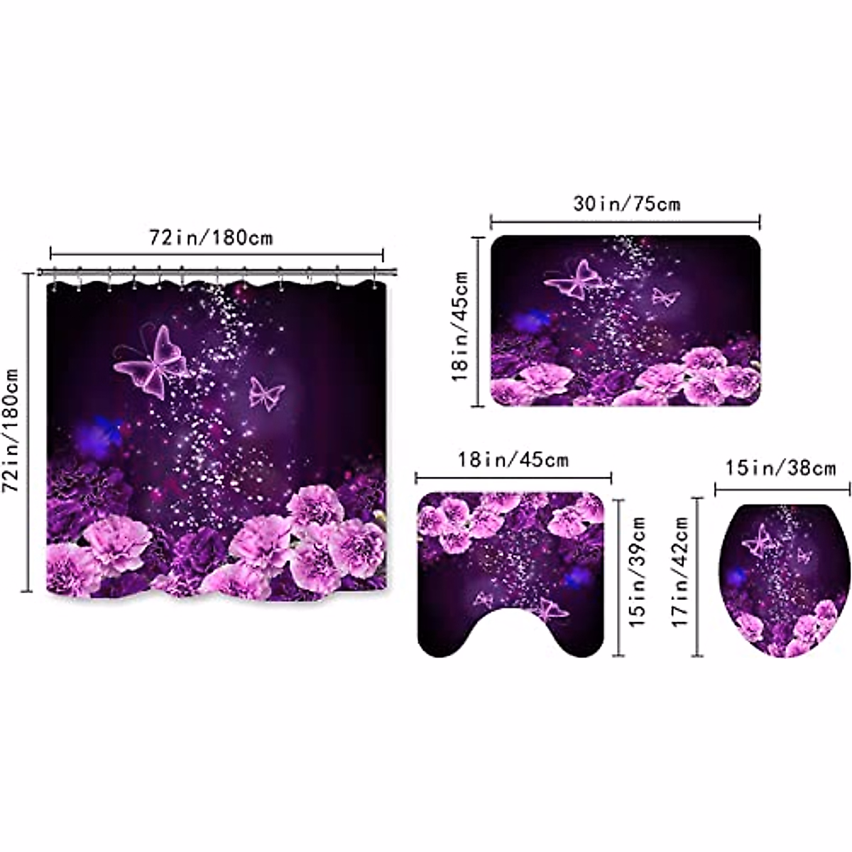 4PCS Flower Bathroom Shower Curtain Sets, Stylish Flower Bathroom Sets with Shower Curtain and Rugs, Toilet Lid Cover and Bath Mat, Artistic Shower Curtains with Hooks