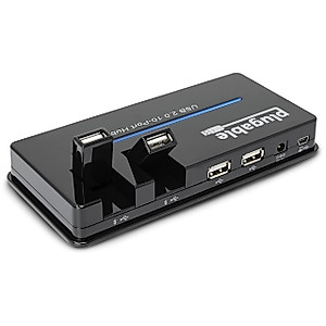 Plugable USB Hub, 10 Port - USB 2.0 with 20W Power Adapter, Two Flip-Up Ports and Driverless