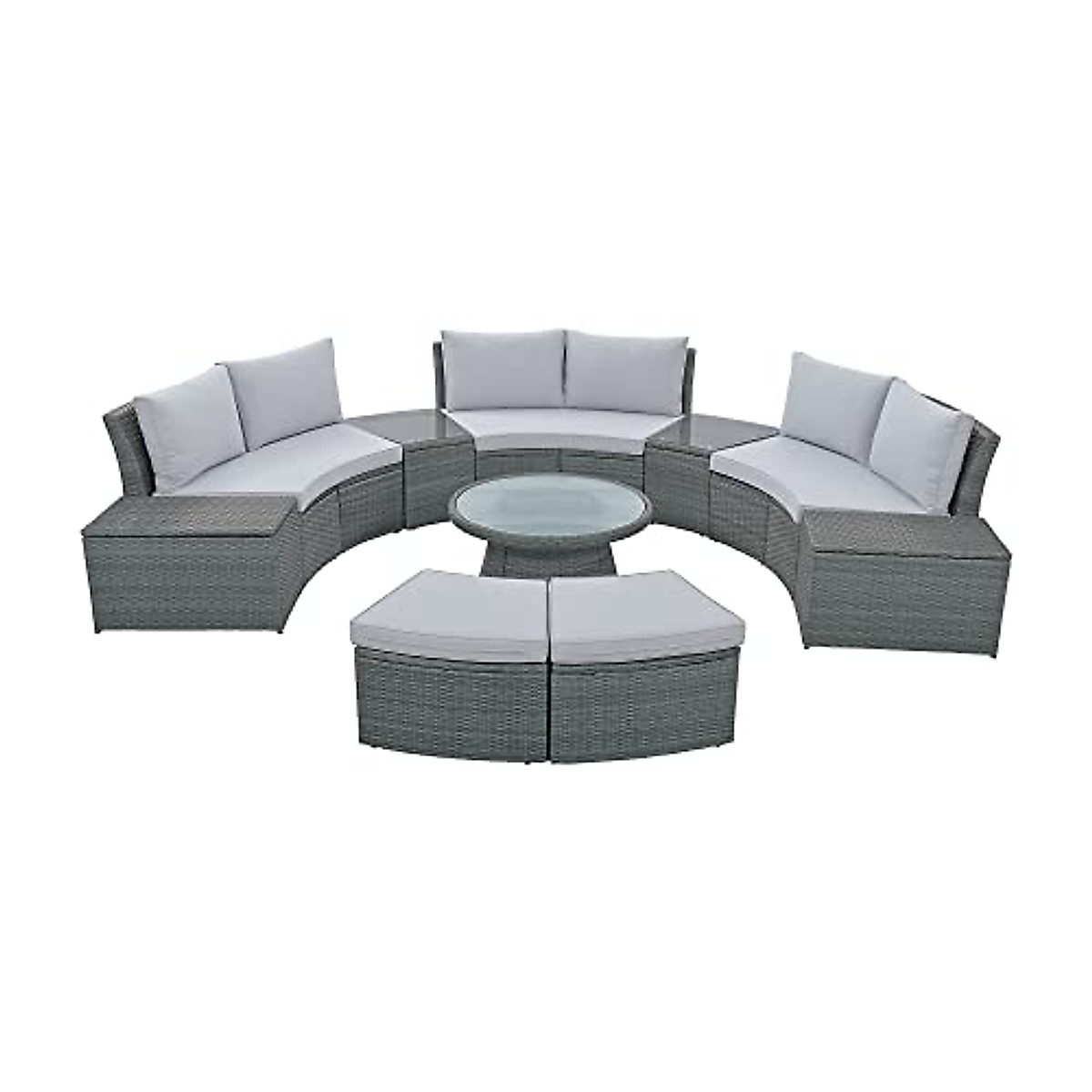 DHPM 10-Piece Half-Moon Sectional Patio Furniture Set Curved Outdoor Sofa with Tempered Glass Round Coffee Table, Light Gray