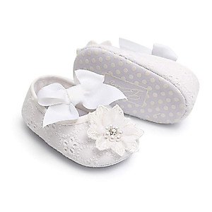 Baby Girl White Shoes Mary Jane Flats Soft Sole Bowknot Floral Princess Christening Baptism Wedding Dress Shoes for Newborns, Infants, Babies 0-6 Months