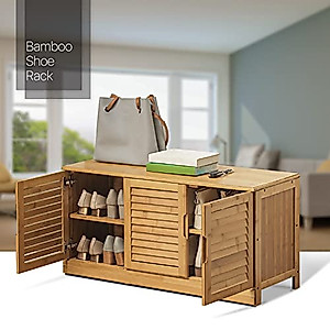 MoNiBloom 2 Tier Shoe Cabinet, Bamboo Free Standing Shoe Shelf Organizer Storage with Shutter Doors for 6-10 Pairs Home Entryway Hallway Bedroom, Natural