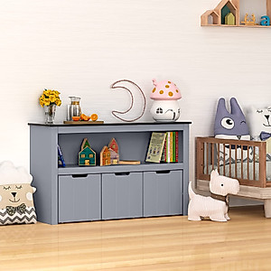 AUXSOUL Toy Storage Organizer - Kids Toy Organizers with Blackboard - 3 Storage Bins and Open Shelf - Suitable for School Classroom, Children's Room, Playroom, Hallway(Grey)