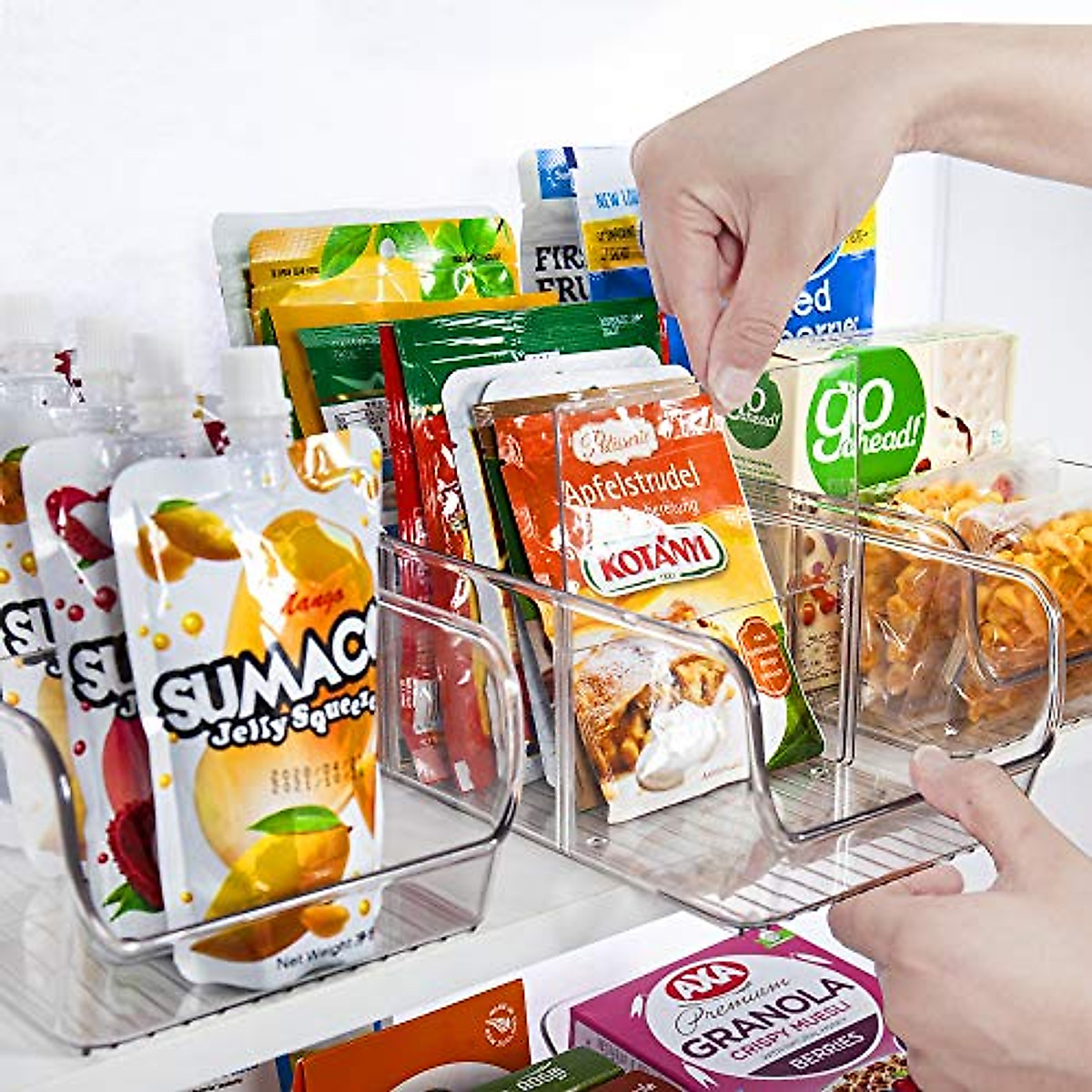 YIHONG Food Packet Organizer Bins for Pantry Organization, 4 Pack Plastic Clear Storage Bins for Storing Seasoning Packets, Spices, Sauce Packets,Snacks, with 2 Removable Dividers