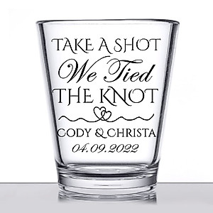 Personalized wedding shot glasses, take a shot we tied the knot, cute customizable wedding favors for guests, custom shot glasses, personalized wedding favors, wedding glasses