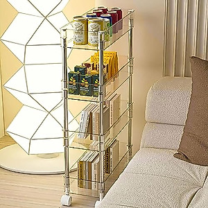DARZYS Rolling Cart Storage cart 4-Tier Slim Corner Shelves Clear Acrylic Storage Rolling Cart with Wheels Multipurpose Shelf Display Rack 14.6" Lx5.1 Wx34.8 H