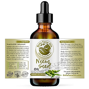 Bella Terra Oils - Organic Neem Seed Oil 4oz - Immerse in the Benefits of Organic Neem, Enriched with Amino Acids & Omega-6, Nourishing Skin Treat