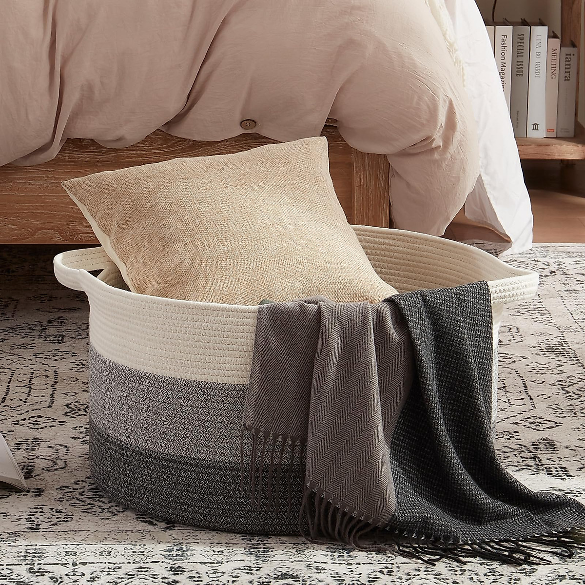 OIAHOMY Extra Large Storage Basket, 23" x 13" Woven Blanket Basket for Living Room, Round Woven Basket for Clothes, Laundry Basket for Pillow-Gradient Grey