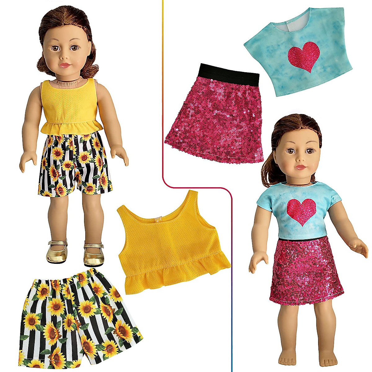 HOAKWA American Doll Clothes and Accessories for 18 Inch Doll, 18" Doll Clothes Dress, Total 19 Pcs Including 8 Sets of Clothing Outfits with Shoes, Underwear, Headband, and Cap (Not Include The Doll)