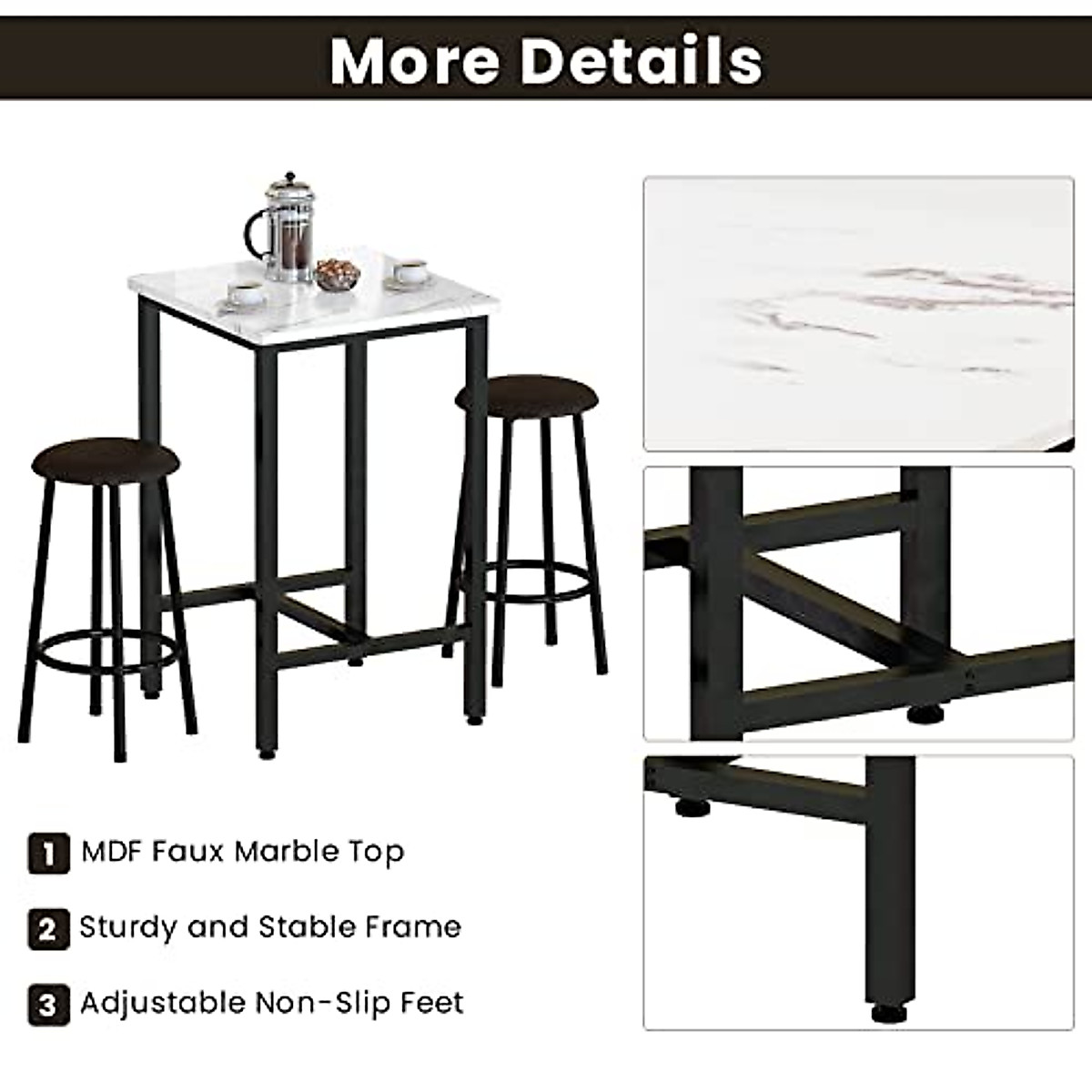 DKLGG 3-Piece Bar Table Set, 24" Square Counter Height Pub Table Dining Table Set with PU Leather Stools, Small Kitchen Table Bar Table and Chairs Set for Living Room, Kitchen, Small Space