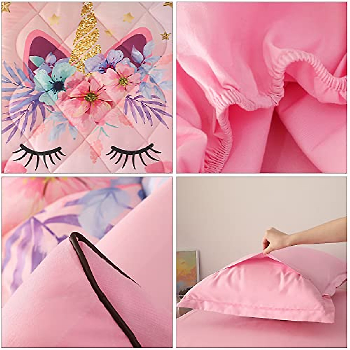 Pink Unicorn Toddler Bedding Set for Girls 4 Piece Flower Toddler Comforter Set for Kids Bed-in-a-Bag Bedspreads Quilt Toddler Bed Sheet Set with Quilted Comforter,Flat Sheet,Fitted Sheet,Pillowcase