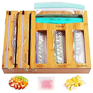 Foil and Plastic Wrap Organizer with Ziplock Bag Storage Organizer for Kitchen Drawer,Bamboo Wood Foil Dispenser with Cutter, Food Bag Holders for Sandwich, Snack, Gallon, Quart Bags