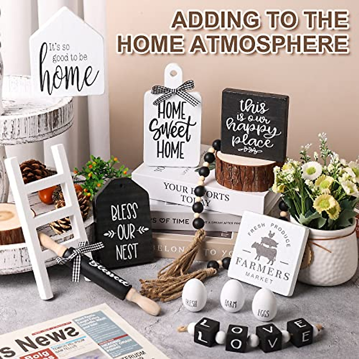 BFAZKXY 12pcs Farmhouse Tiered Tray Decor Set, Rustic Farmhouse Decor Wood Sign for Home & Kitchen Decor