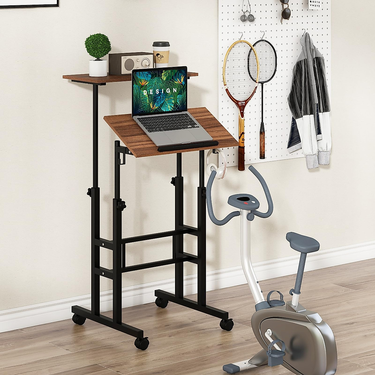 Tangkula Mobile Standing Desk, Height-Adjustable Laptop Podium Cart with Tilting Tabletop & Adjustable Angle, Rolling Stand Up Computer Desk with 2 Hanging Hooks & Lockable Casters for Home Office