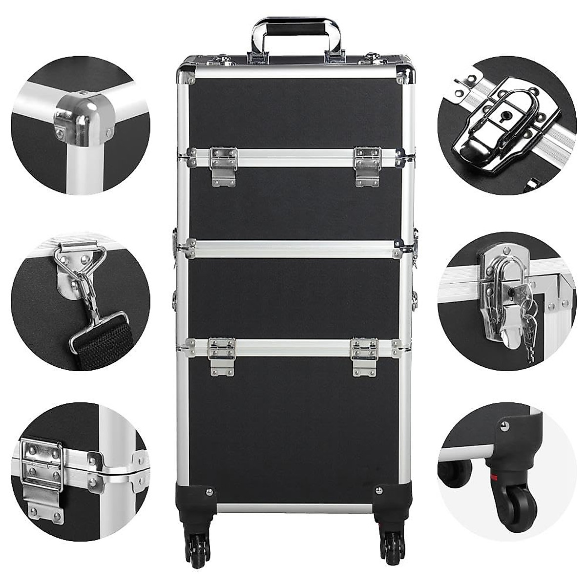 Yaheetech Rolling Makeup Train Case 3 in 1 Cosmetic Makeup Case Large Aluminum Trolley Makeup Travel Case Professional Rolling Cosmetic Beauty Storage, with 360° Swivel Wheels, Black