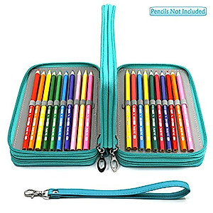 YOUSHARES 72 Slots Pencil Case - PU Leather Handy Multi-layer Large Zipper Pen Bag with Handle Strap for Colored / Watercolor Pencil (Turquoise)