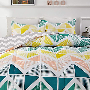 UOZZI BEDDING Comforter Set Queen Size 3 Pieces Colorful Style Yellow Green Cubes Triangles Print Reversible Down Alternative 800 TC Kids Adult Duvet Sets