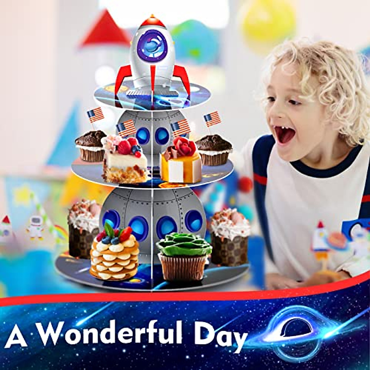 3 Tiers Rocket Space Station Cupcake Stand Outer Space Birthday Party Cardboard Cupcake Holder Decorations Galaxy Party Dessert Tower Solar System Party Supplies for Kids Space Themed Baby Shower