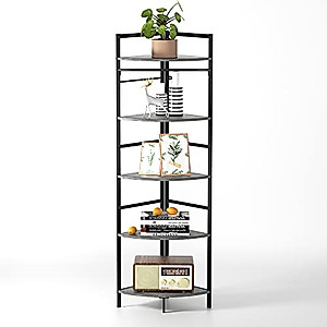 QNICE 5 Tier Industrial Corner Shelf Stand, Tall Rustic Coat Rack, Wood and Metal Corner Shelving (Dark Grey Oak)
