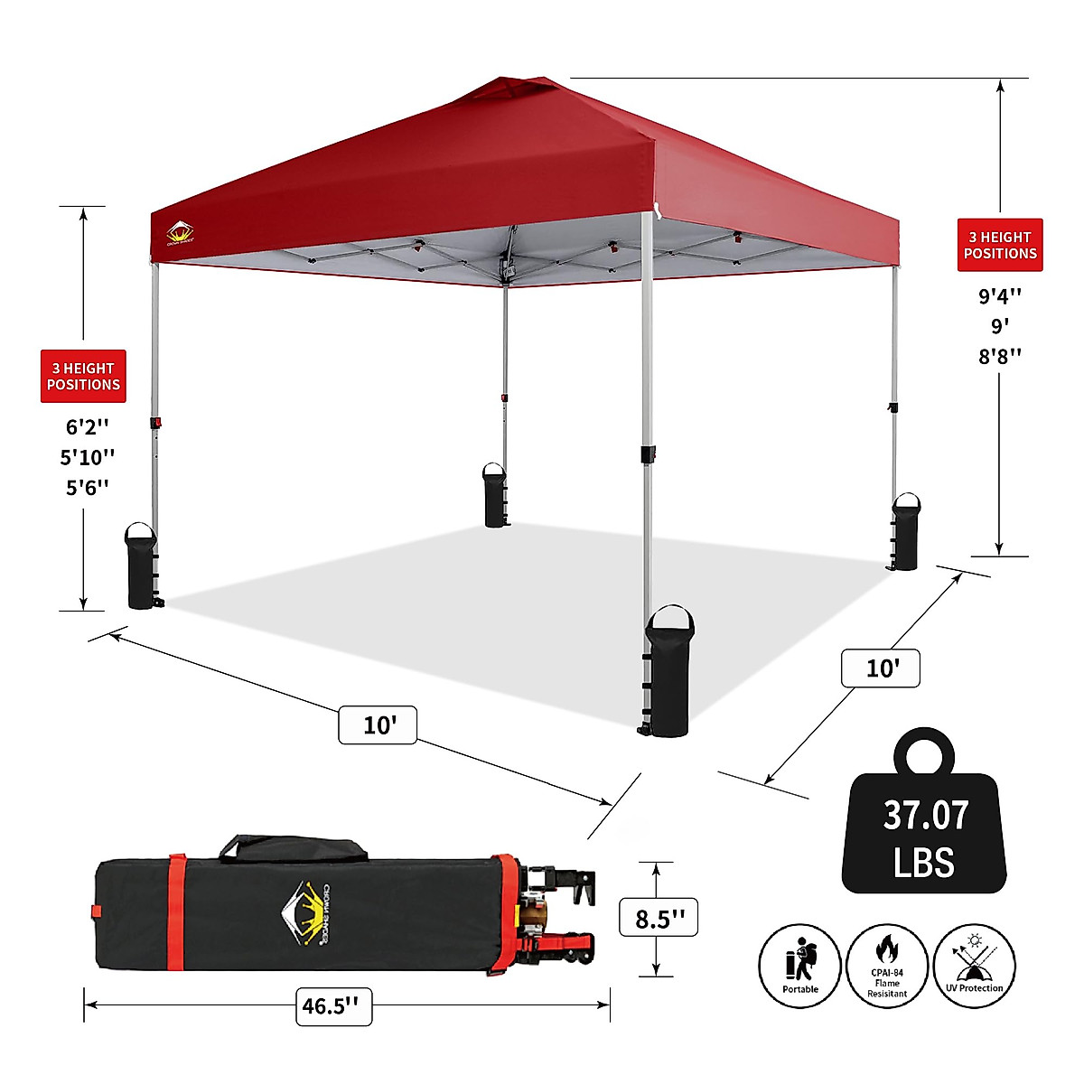CROWN SHADES Canopy Tent 10x10 Pop Up Canopy Outdoor Shade, Easy Up Sun Shelter with One Person Set Up Center Lock, Portable Instant Tailgate Camping Beach Canopy Tents for Parties, Red