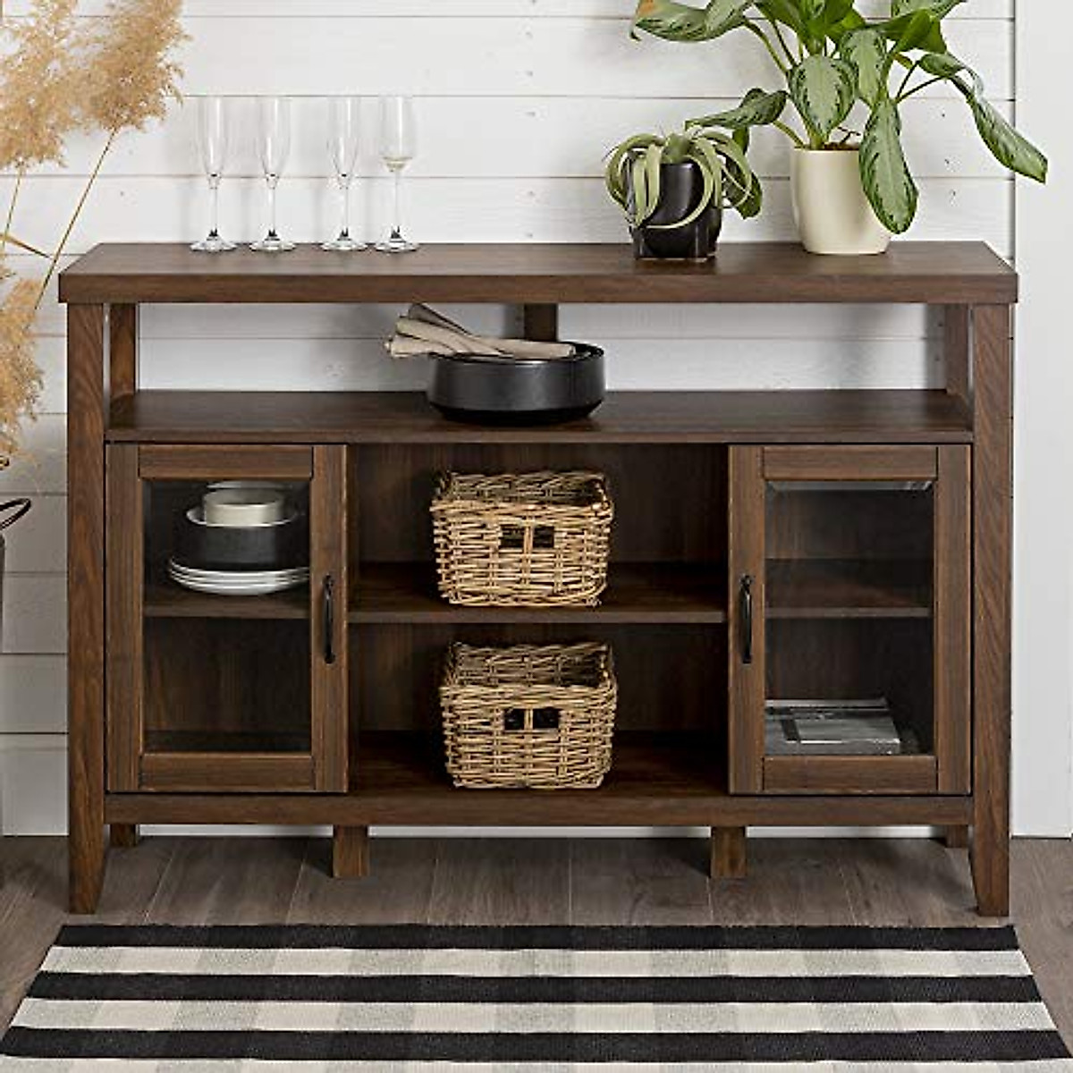 Walker Edison Tall Wood Universal TV Stand with Open Storage For TV's up to 58" Flat Screen Living Room Storage Entertainment Center, 52 Inch, Dark Walnut