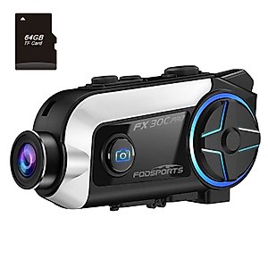 Fodsports Motorcycle Bluetooth Headset with Camera, FX30C PRO 2 Riders 1000M Helmet Communication System, 360° Shooting Motorcycle Helmet Camera, Music Share/EQ Sound/2000mAh/64G TF Card