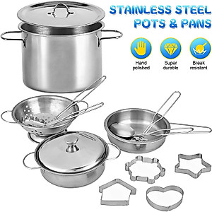 COSILY Kitchen Pretend Play Toys, Kids Cooking and Baking Set with Stainless Steel Cookware Pots and Pans Set, Cooking Utensils, Apron & Chef Hat, Cupcake Moulds, Cutting Vegetables for Boys and Girls