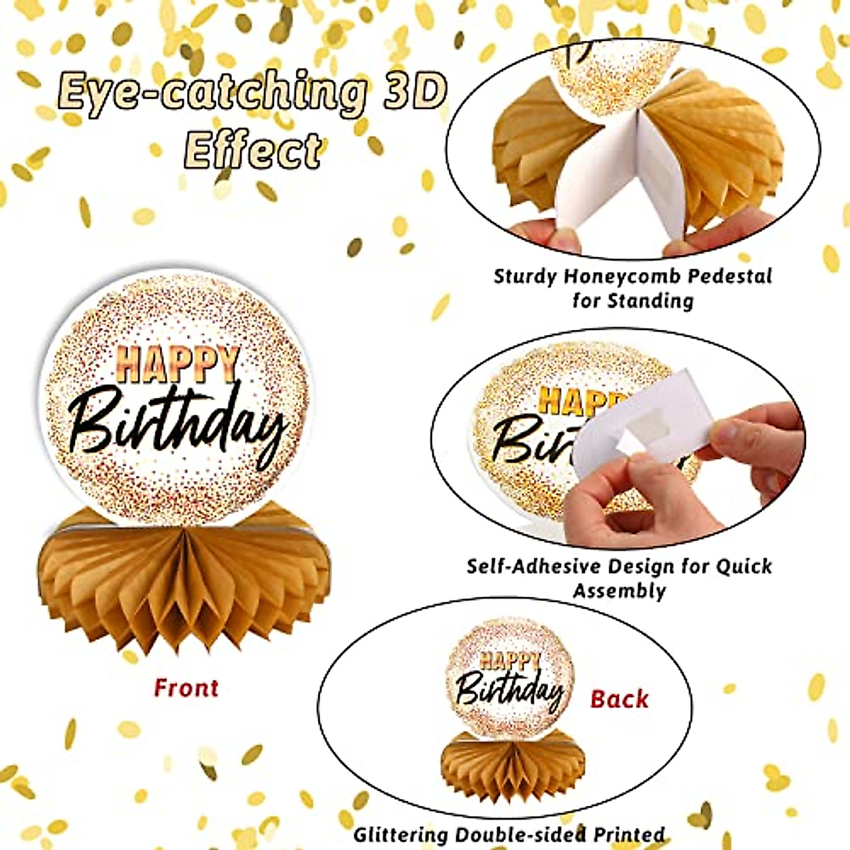 KIMOBER 9PCS 30th Birthday Honeycomb Centerpieces,Black Gold 30 Years Birthday Table Toppers for Thirty Years Birthday Party Decorations